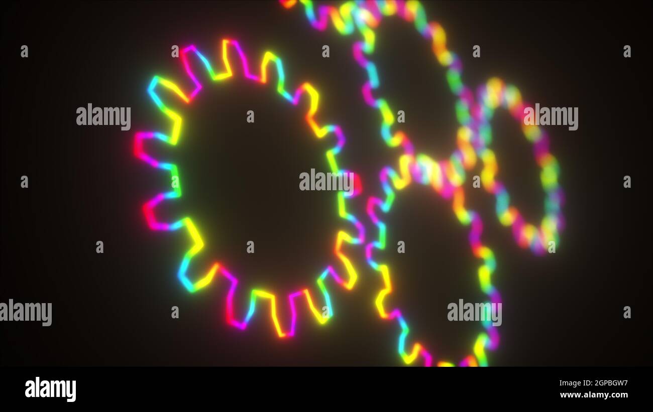 Computer generated neon gears are turning slowly on dark background. 3d ...