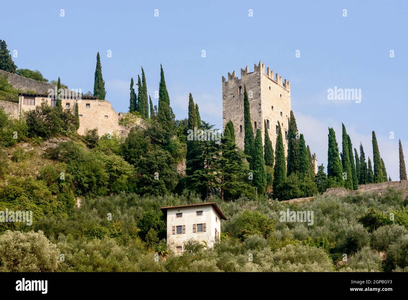 view of medieval castle tower above little historical town , shot from ...