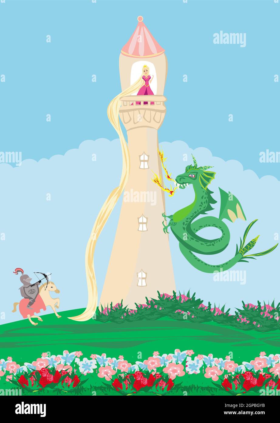 dragon attacks the castle in which the princess is imprisoned Stock ...