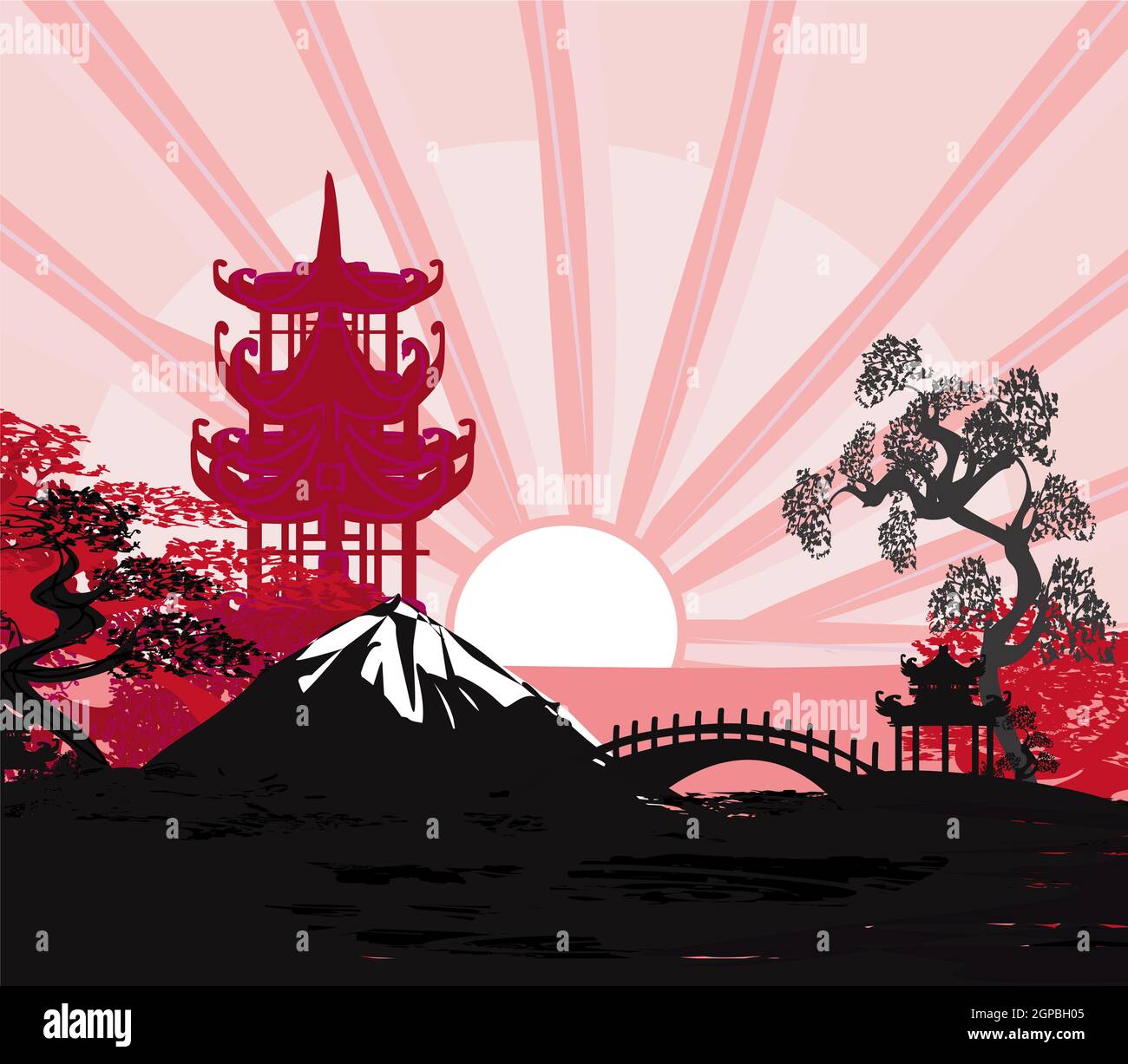 abstract Chinese landscape, illustration of a sunset Stock Photo - Alamy