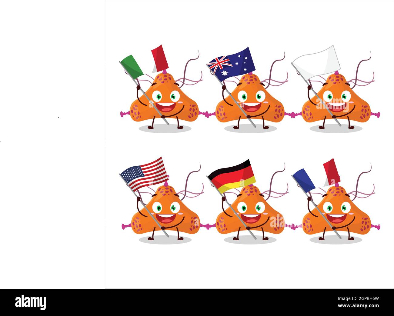 Bacteria virus cartoon character bring the flags of various countries ...