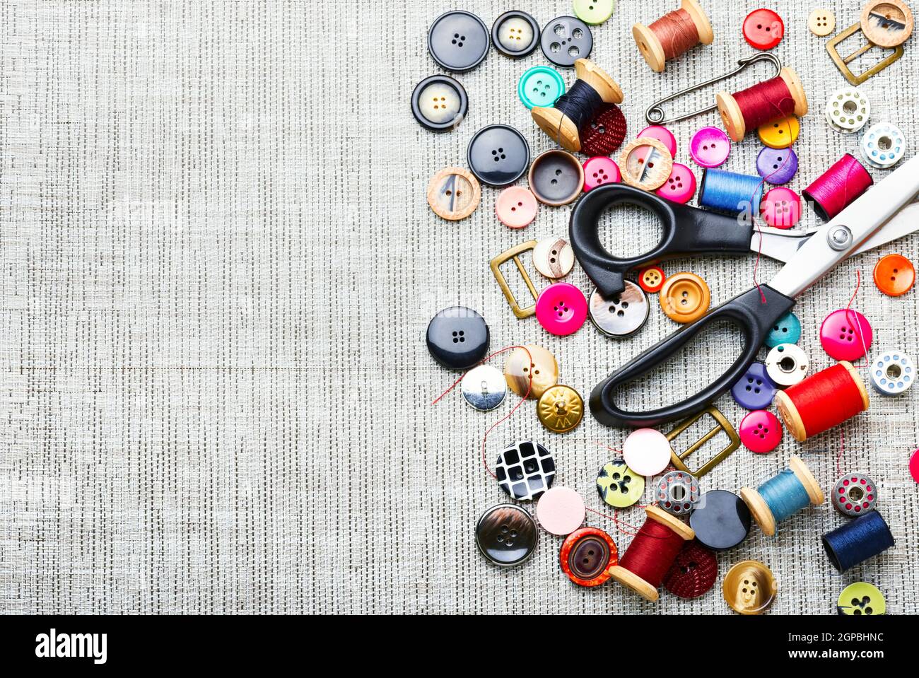 Set of buttons, threads and other sewing accessories.Tools for sewing ...