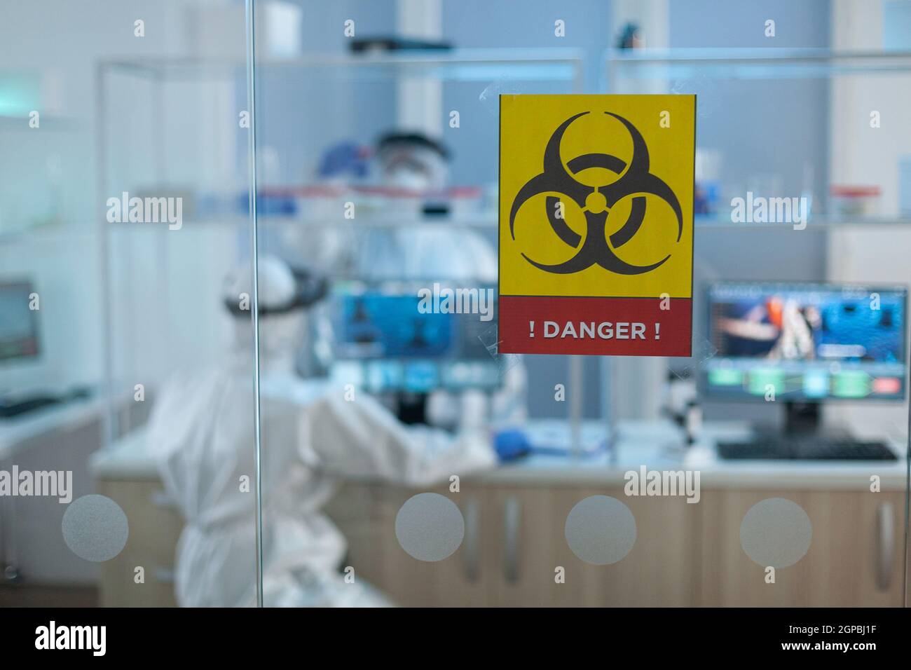 Selective focus on danger sign in microbiological hospital laboratory ...