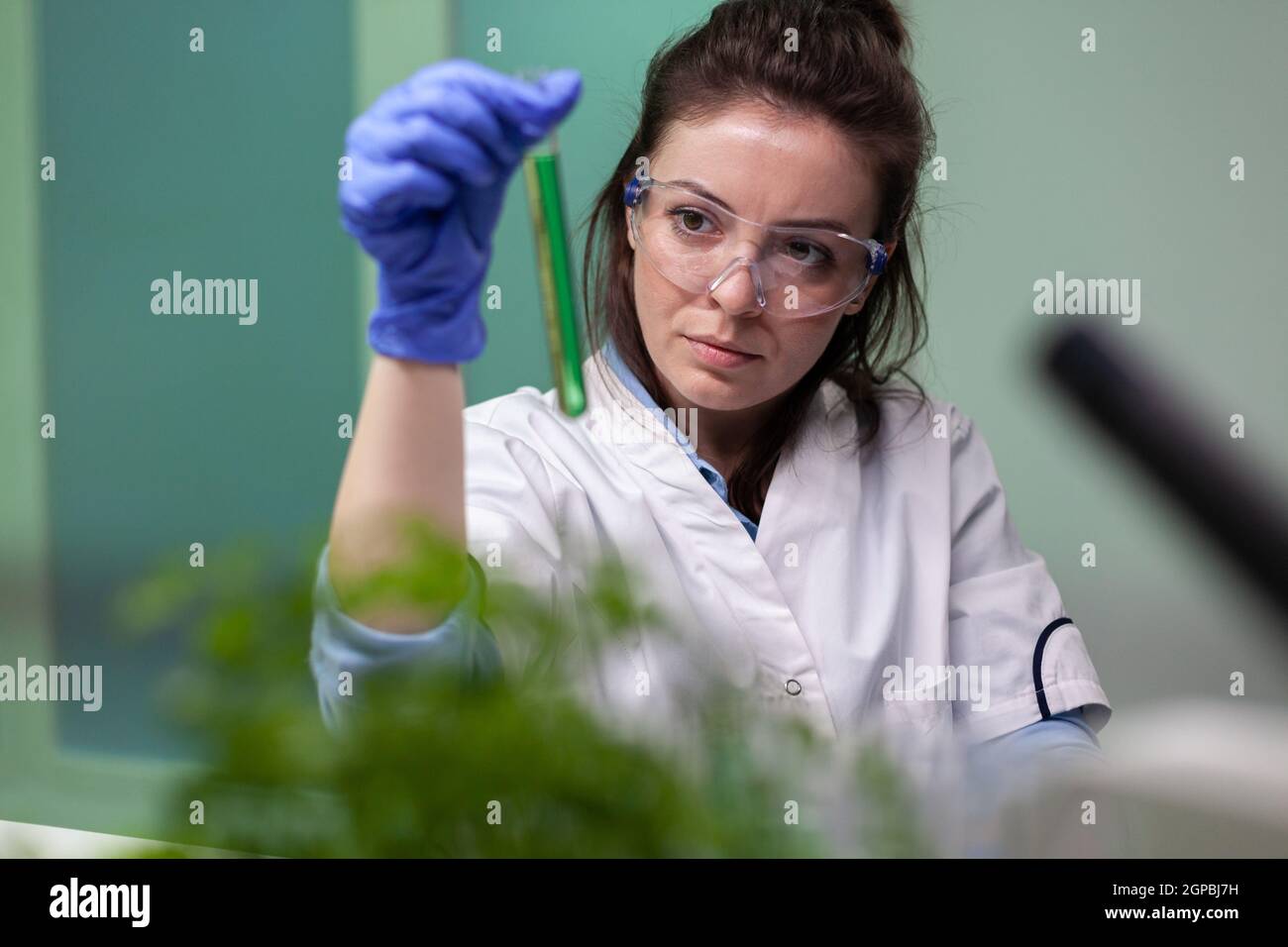Portrait of biologist researcher woman holding medical test tube with ...