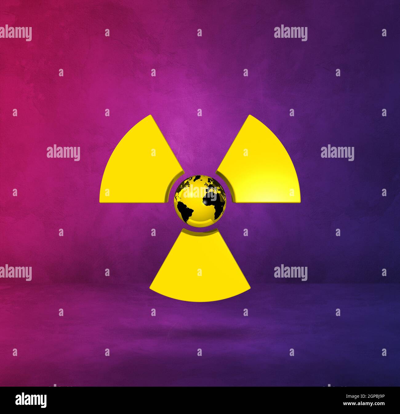 World map on Radioactive symbol. Purple studio background. 3D ...