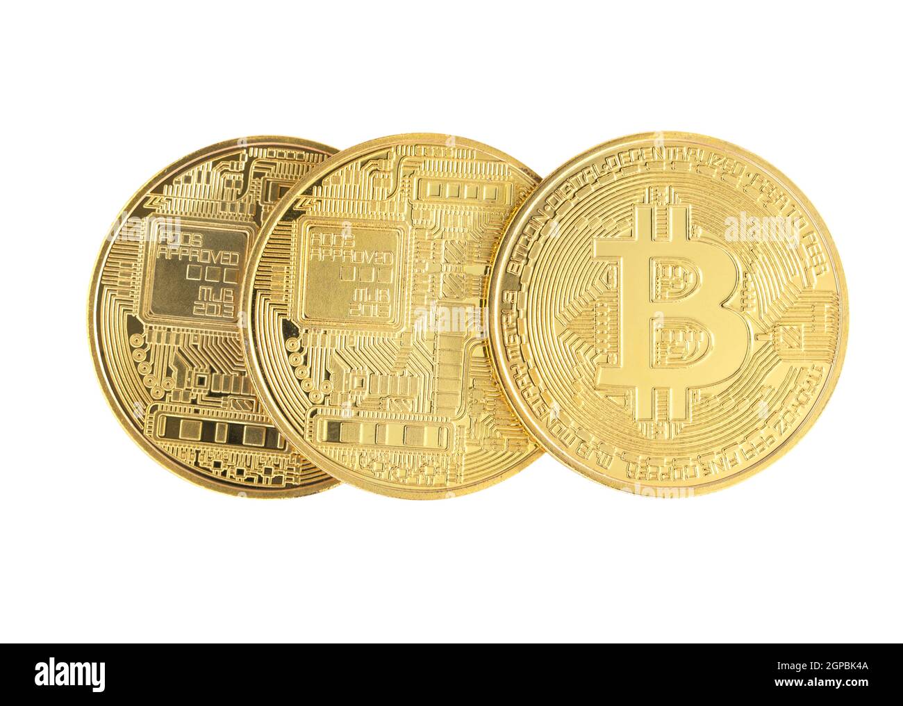Close up three golden bitcoin coin isolated on white background with ...