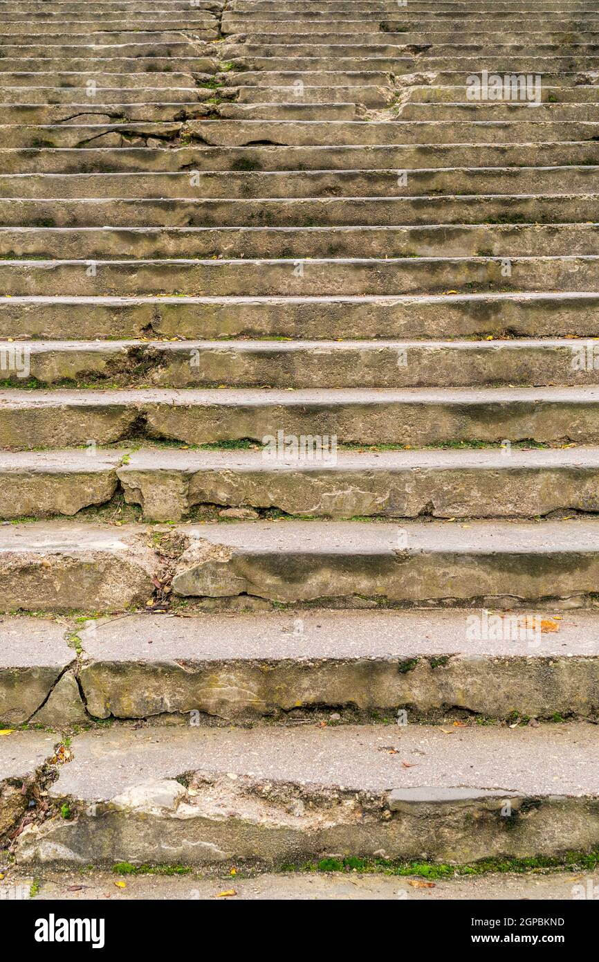 The crumbling old concrete stairs are made of faux concrete and fine ...