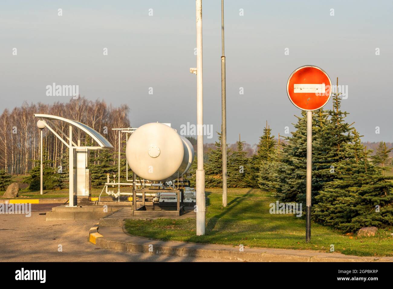 No entry road sign on wrong way, no entrance to fuel station Stock ...
