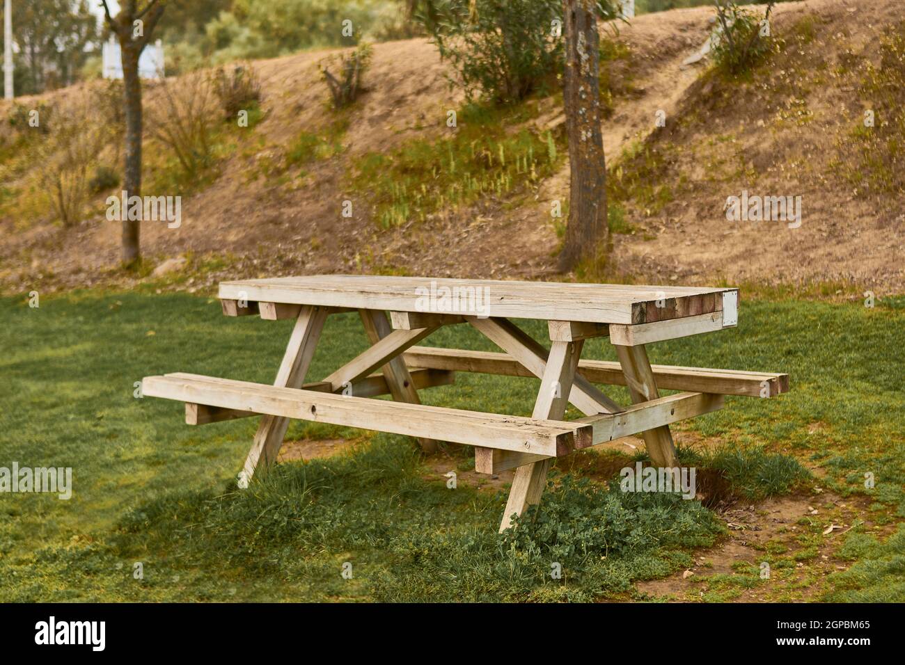 Picnic table in a park with green area Stock Photo - Alamy