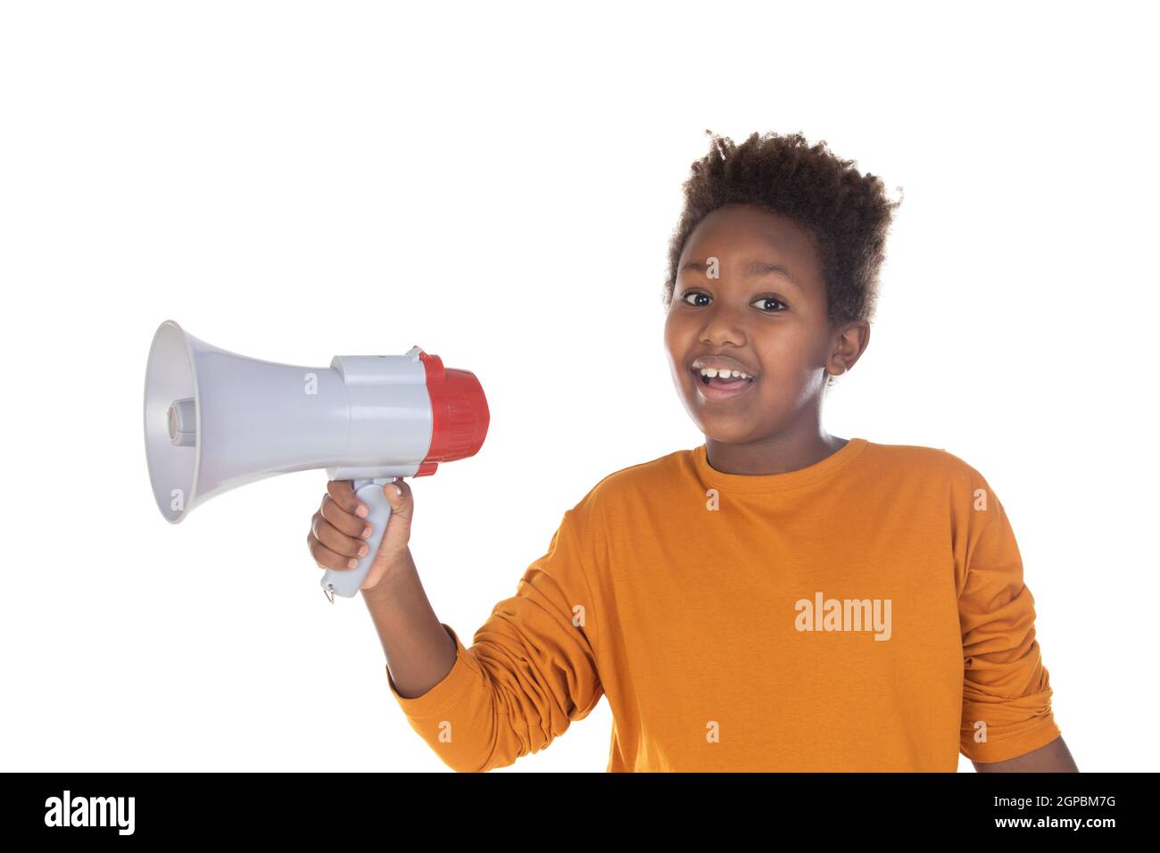 Happy little child speaking with a megaphone isolated on a white ...