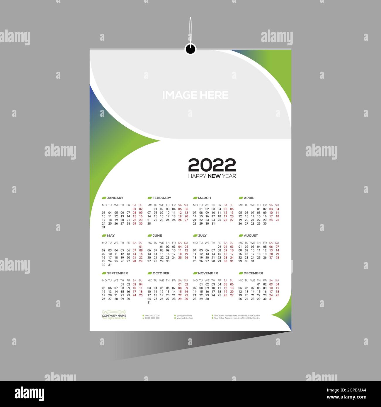 green colored 12 month 2022 wall calendar Stock Vector Image & Art - Alamy