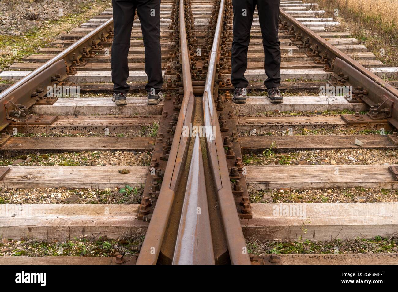 Two Railway crossroads. Choosing right way, making decision concept ...