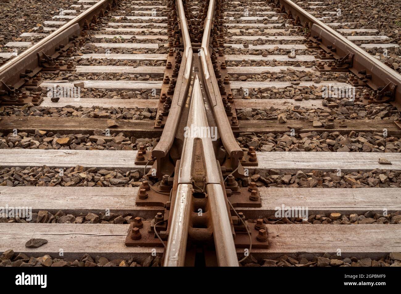 Two railway tracks merge together. Choosing right way, making decision ...