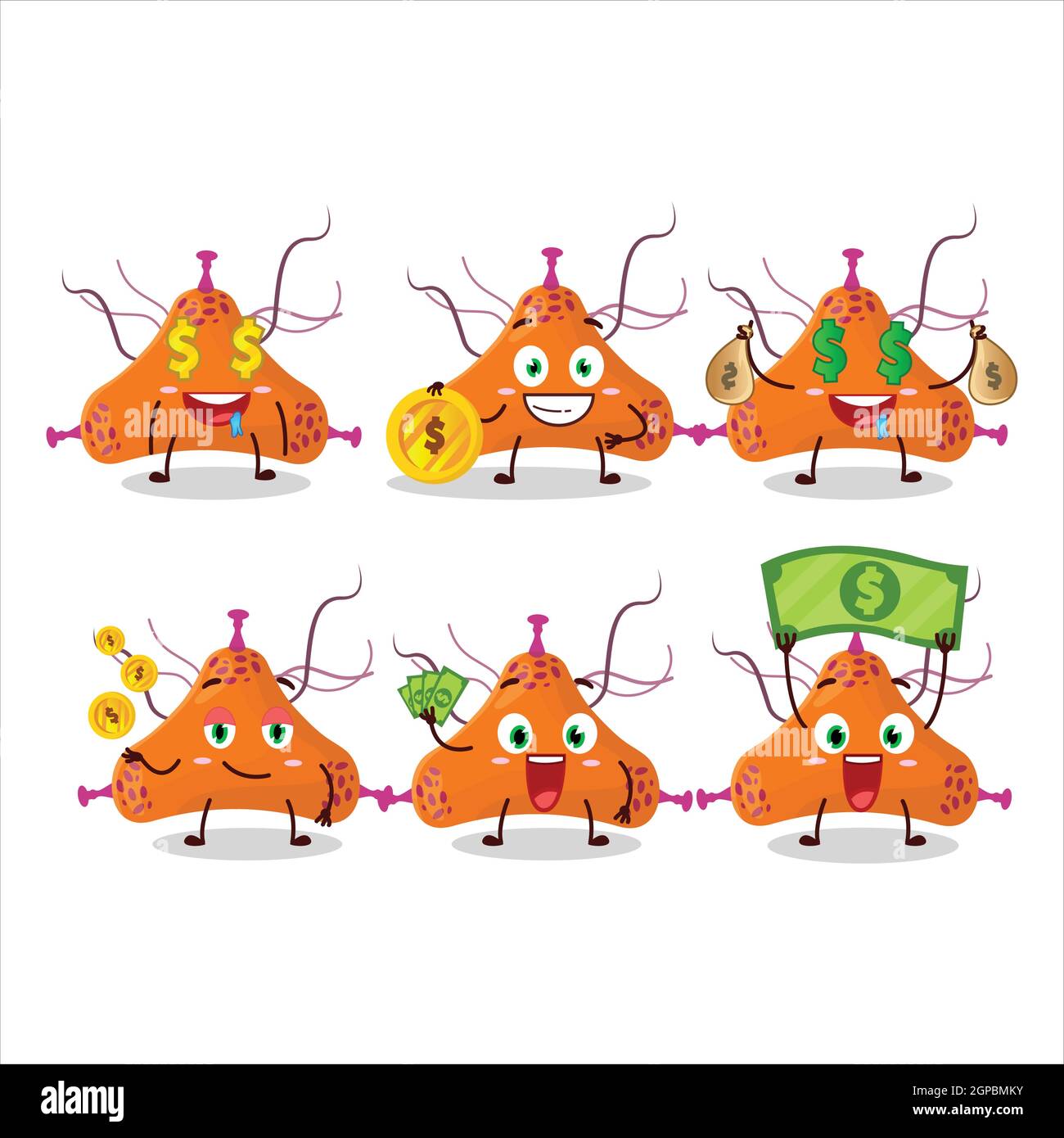 Bacteria virus cartoon character with cute emoticon bring money. Vector ...