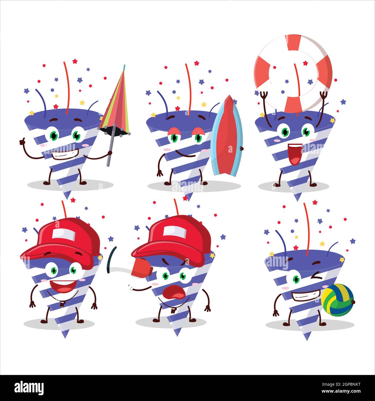 Happy Face blue firecracker cartoon character playing on a beach ...