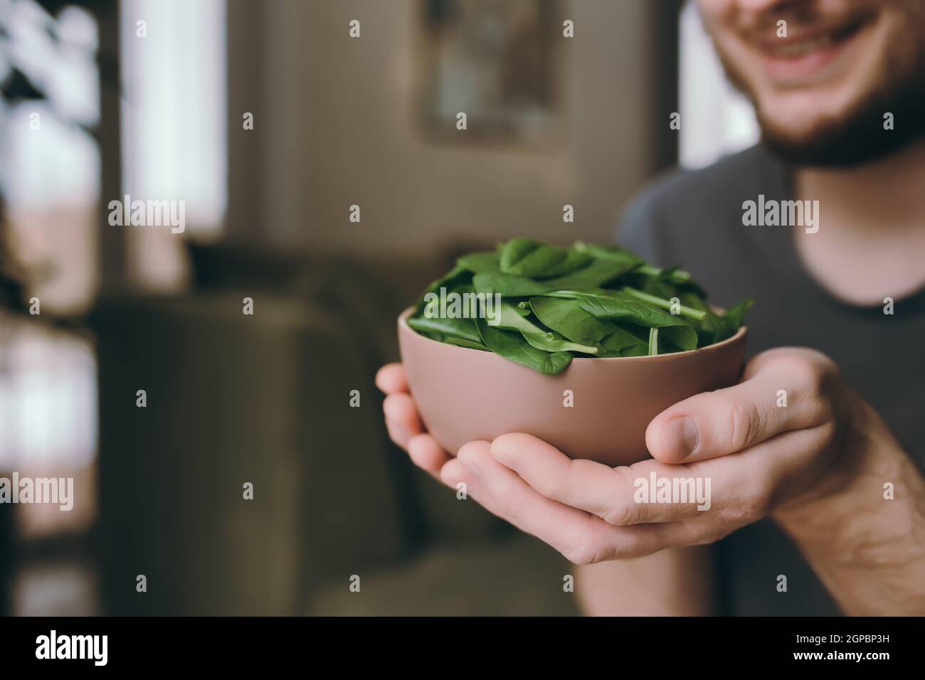 Hands of man holding fresh green salad leaves of spinach on blurred ...