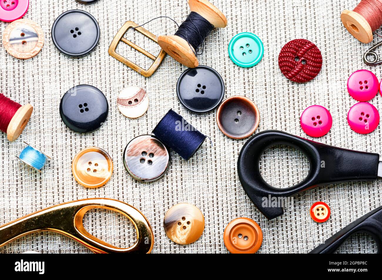 Set of buttons, threads and other sewing accessories.Tools for sewing ...