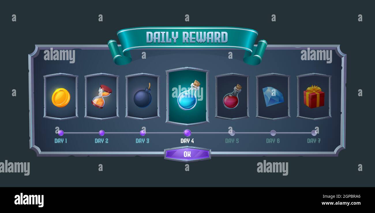 Daily reward frame with item icons for game gui design. Vector cartoon ...