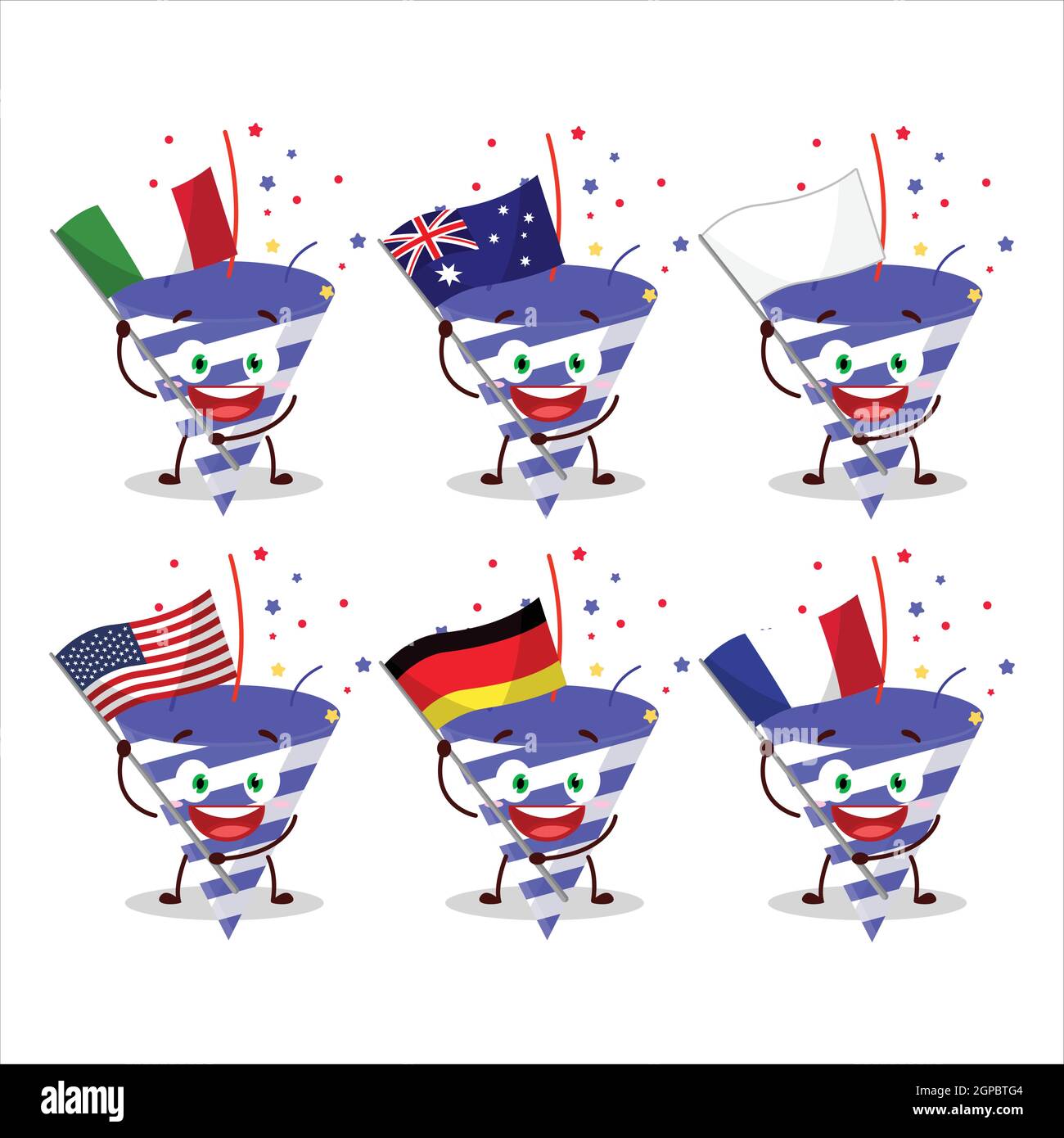 Blue Firecracker Cartoon Character Bring The Flags Of Various Countries