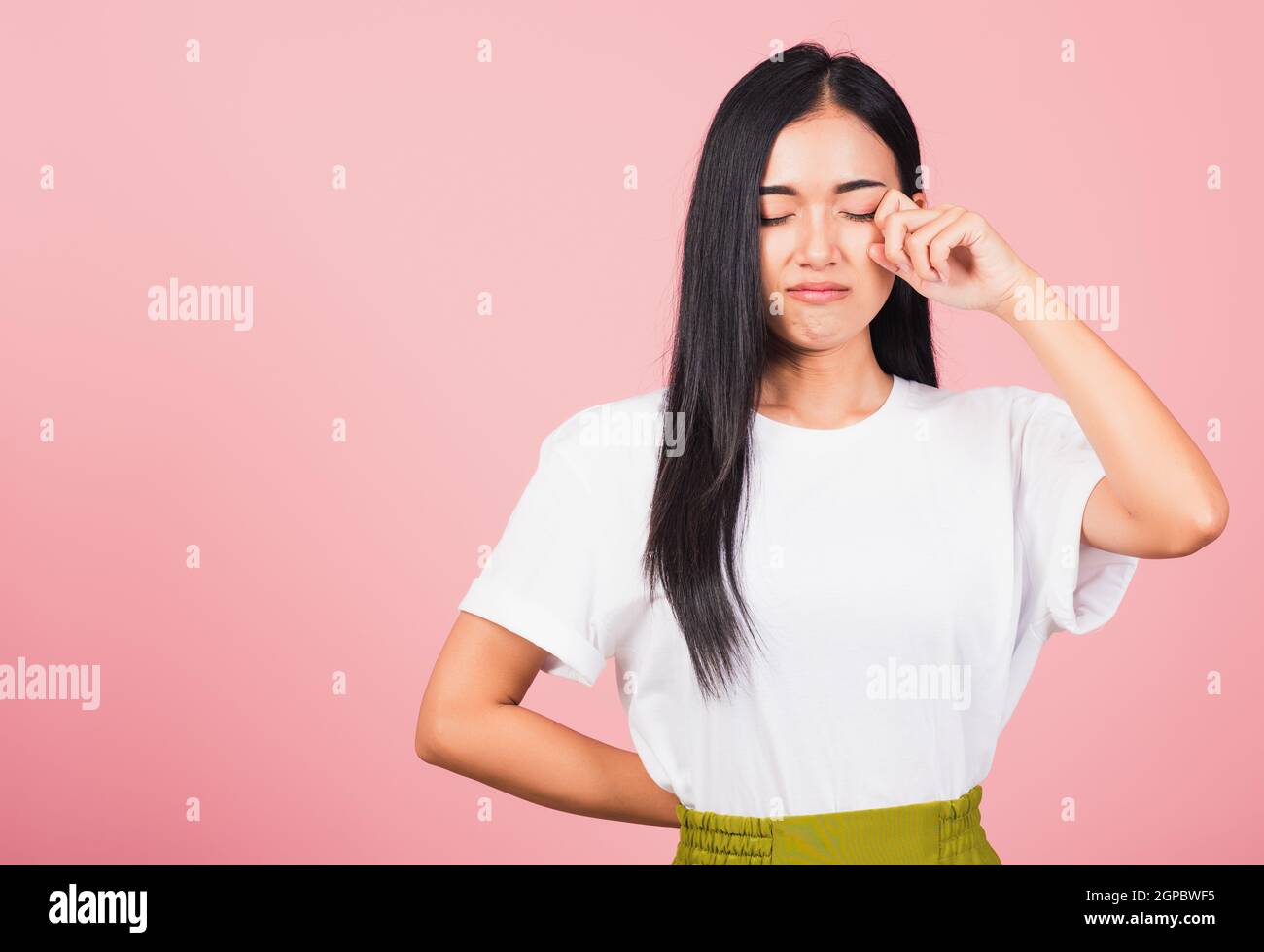 Asian portrait beautiful cute young woman bad mood her cry wipe tears ...