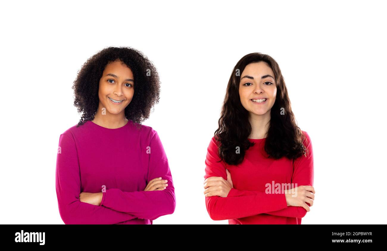 Two cheerful women friends girls isolated on a white background Stock ...