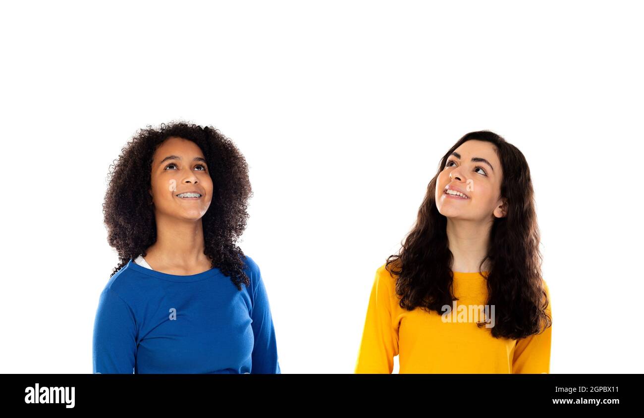 Two cheerful women friends girls isolated on a white background Stock ...