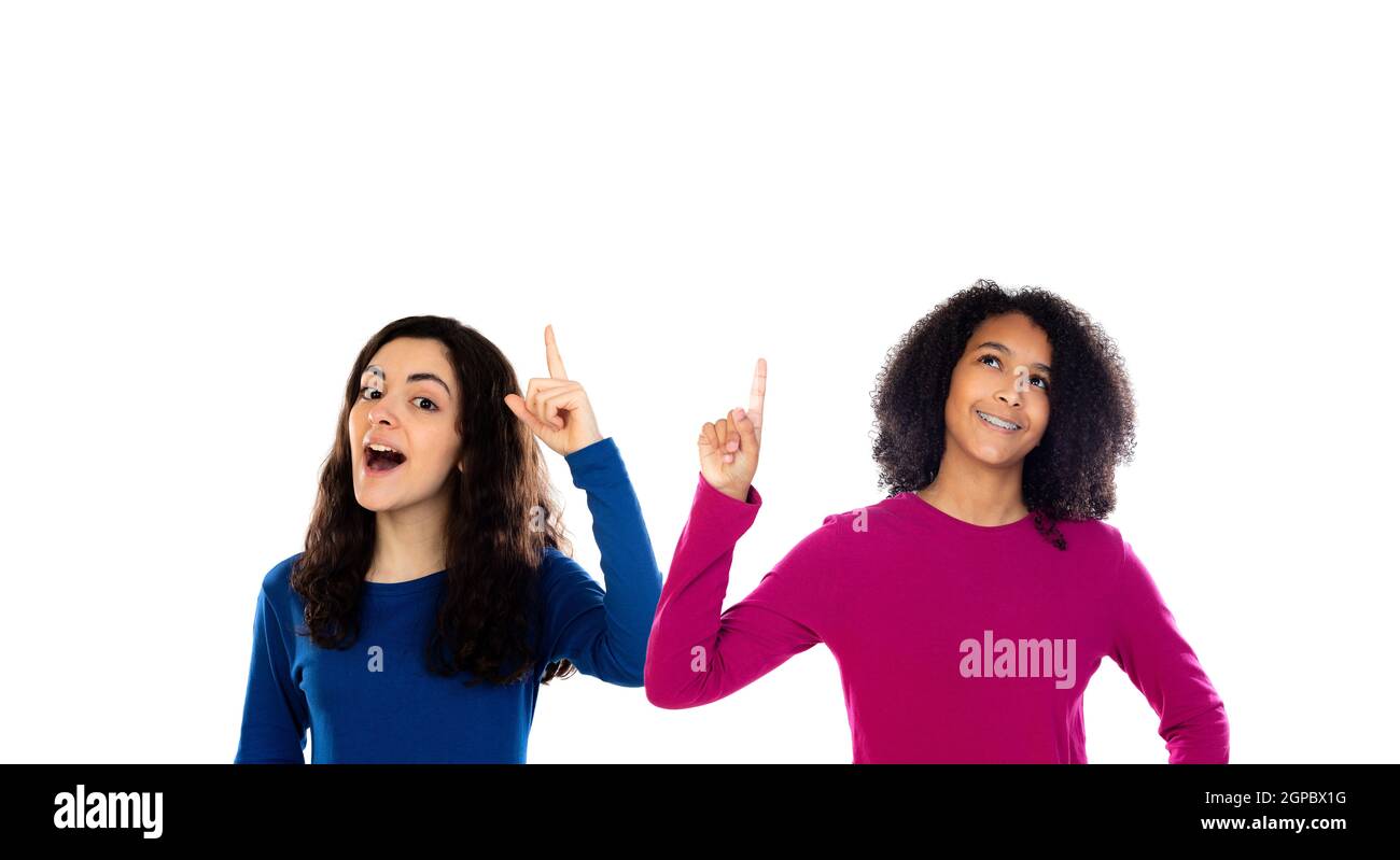 Two cheerful women friends girls isolated on a white background Stock ...
