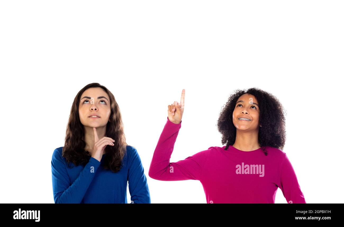 Two cheerful women friends girls isolated on a white background Stock ...