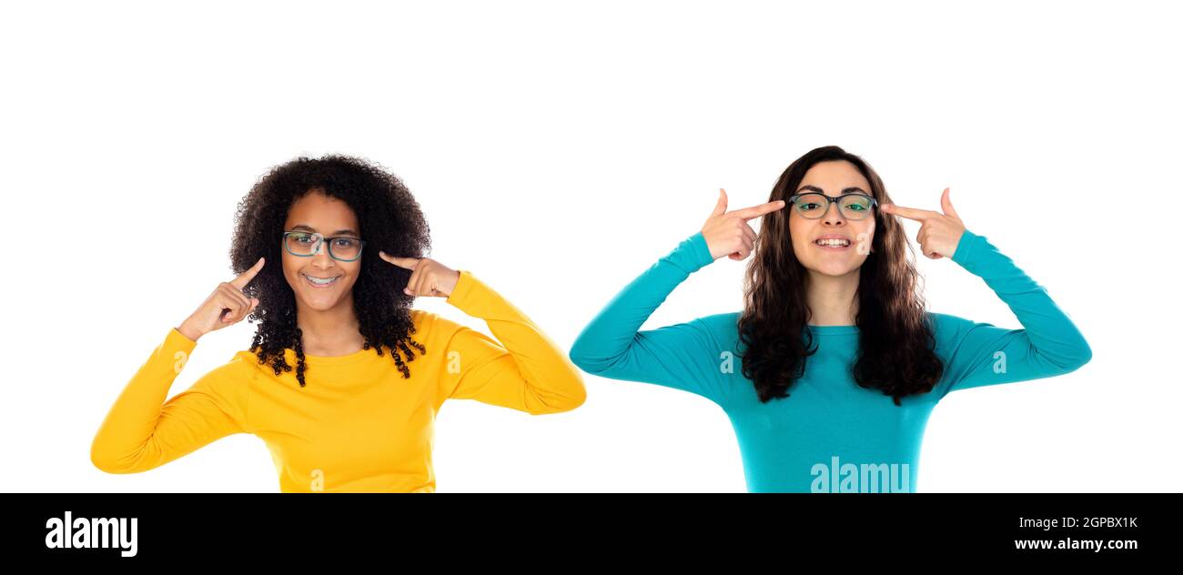Two cheerful women friends girls isolated on a white background Stock ...