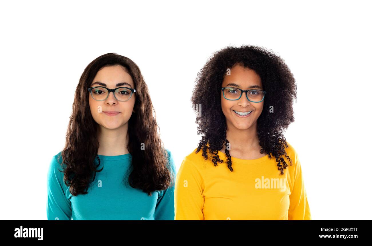 Two cheerful women friends girls isolated on a white background Stock ...