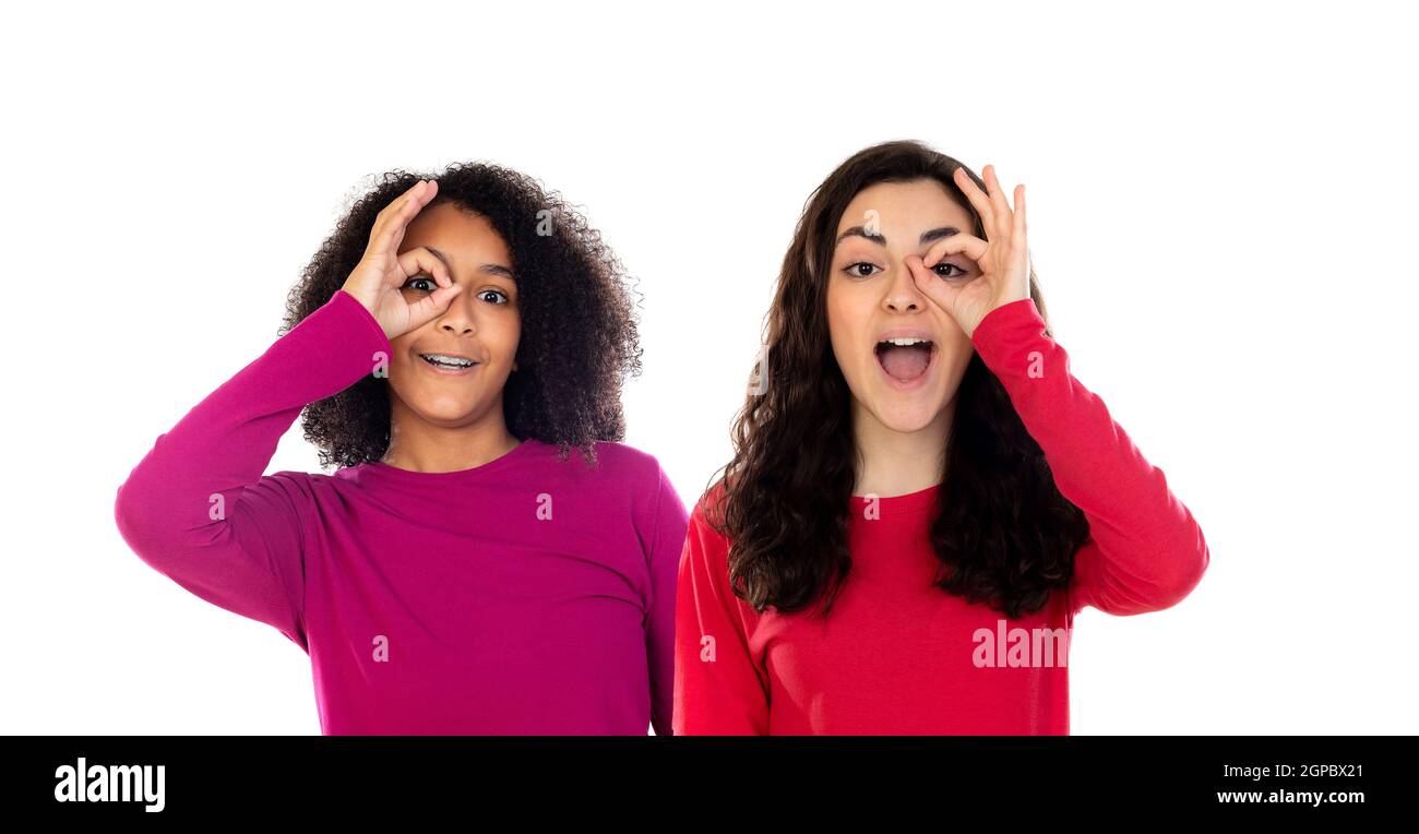 Two cheerful women friends girls isolated on a white background Stock ...