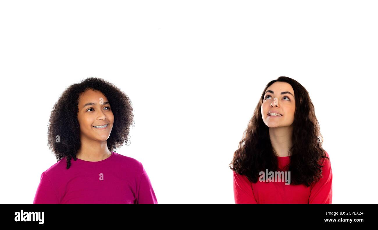 Two cheerful women friends girls isolated on a white background Stock ...
