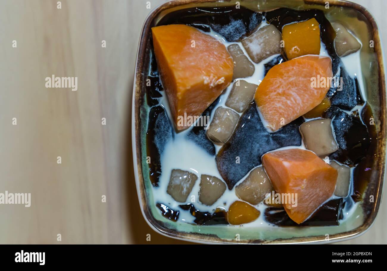 Traditional taiwanese iced dessert with Grass jelly, Taro balls, Tofu ...