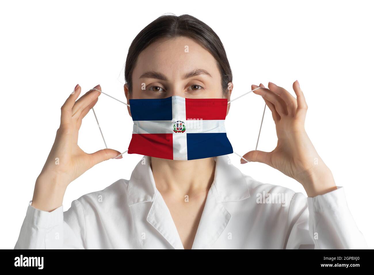 Respirator with flag of Dominican Republic Doctor puts on medical face ...