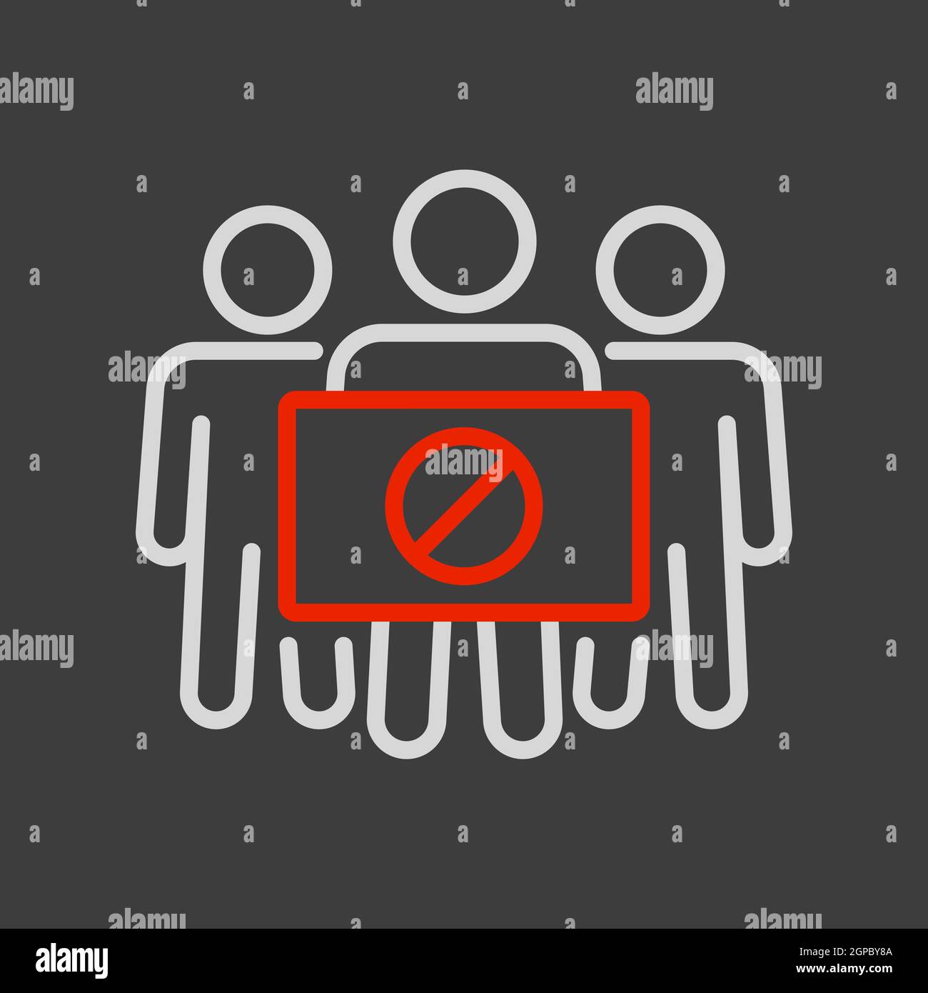 Crowd of people with placard, big sign, banner with forbidden sign ...