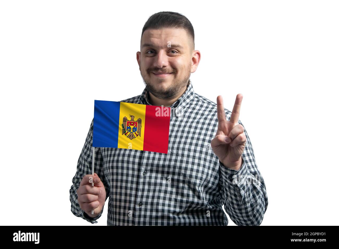 White Guy Holding A Flag Of Moldova And Shows Two Fingers Isolated On A 4305