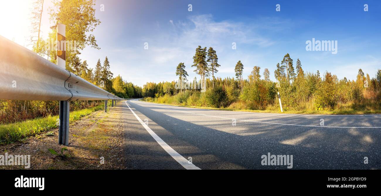 Asphalt road panorama in countryside in summer. Route with white ...