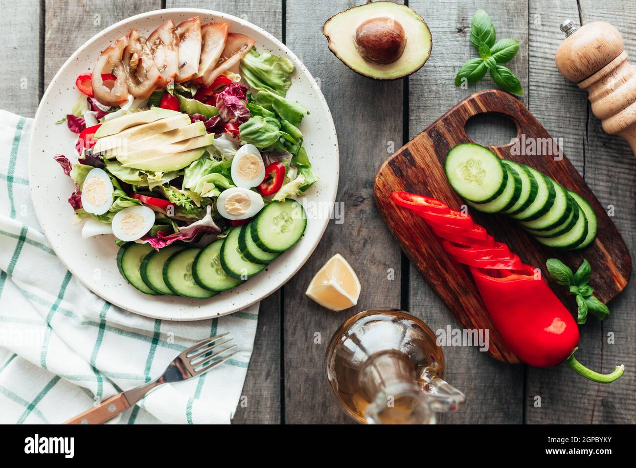 Healthy eating concept flat lay. Mediterranean diet, plate with lettuce ...