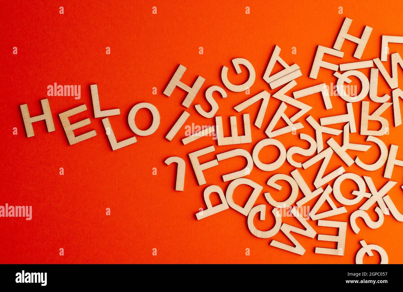 top view closeup detail macro of many wooden cut small alphabet letters ...