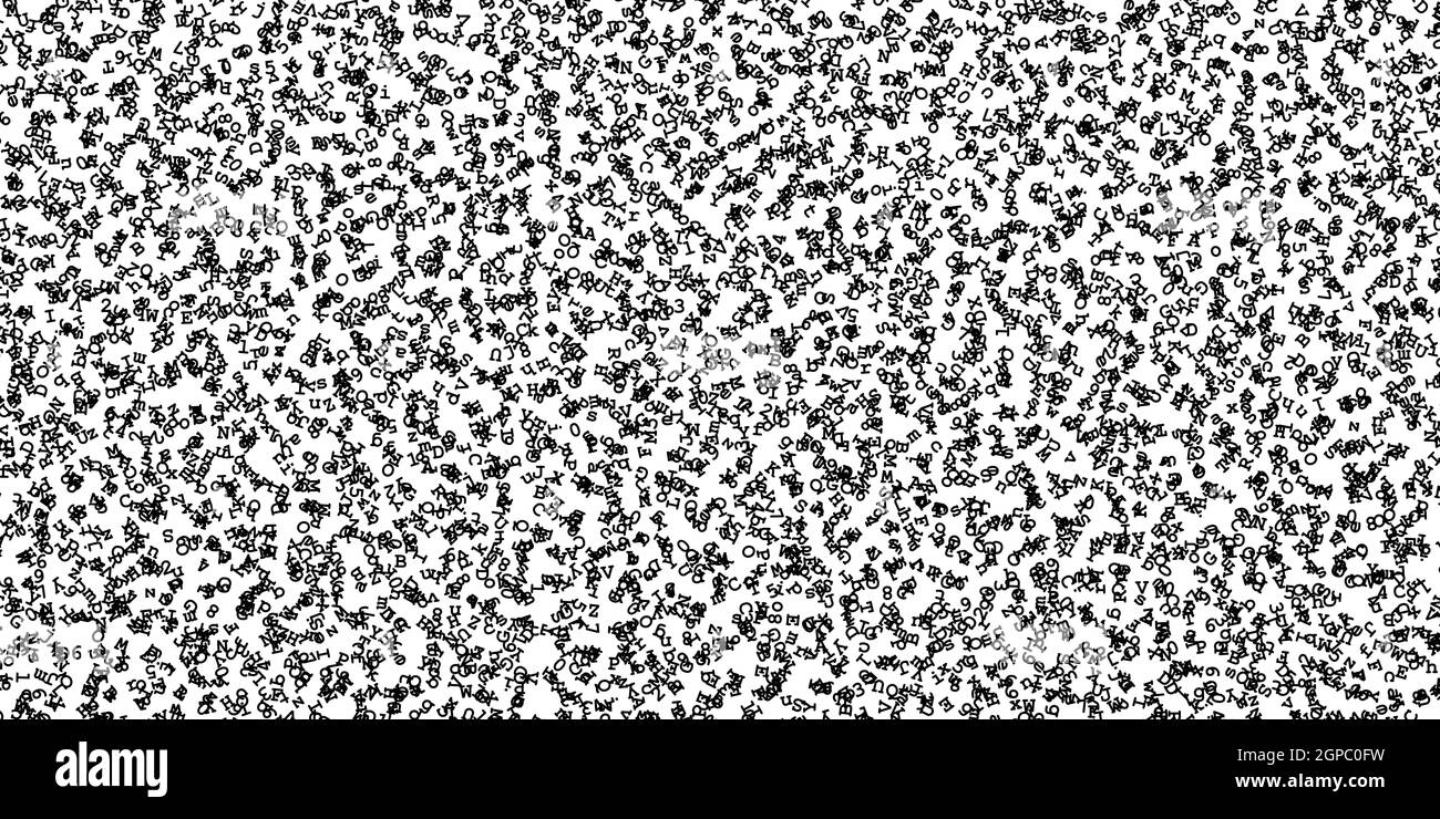 Black digits and letters randomly distributed on white background ...