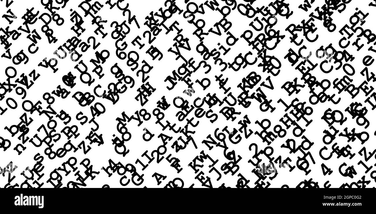 Black digits and letters randomly distributed on white background, 45 ...