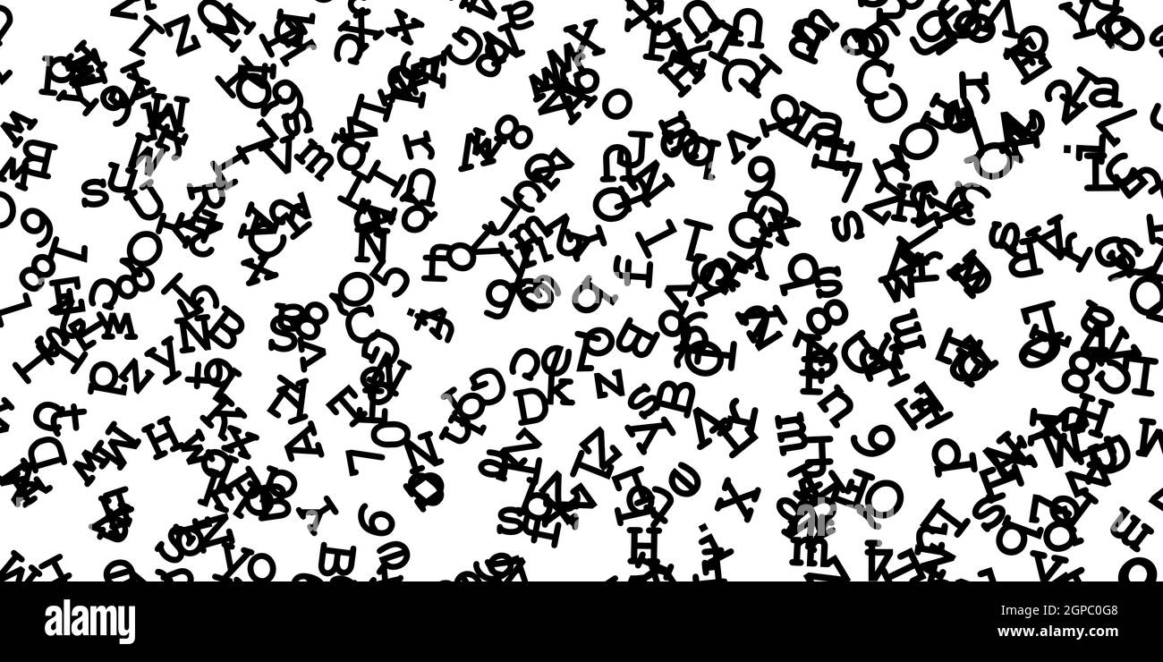 Black digits and letters randomly distributed on white background ...