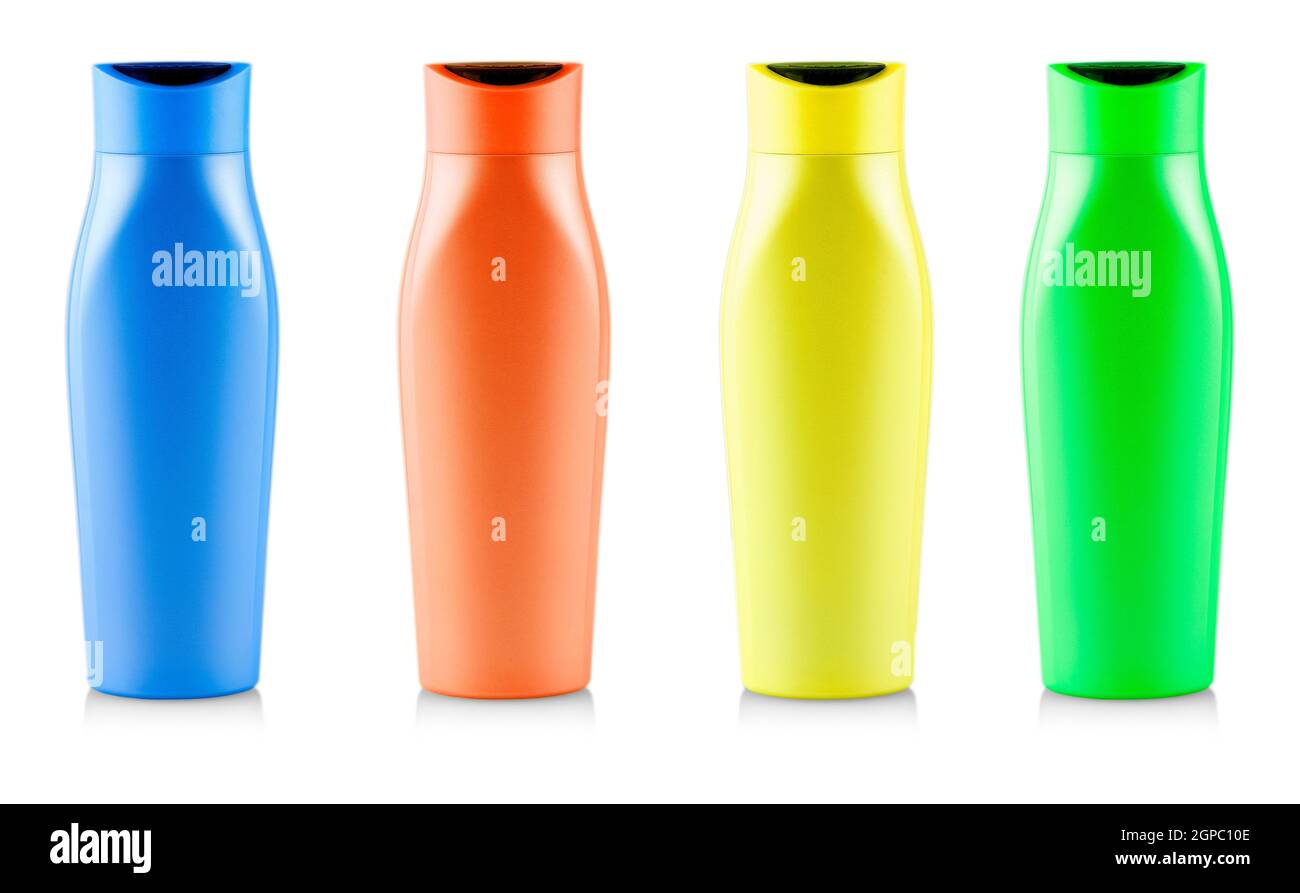 The Colored shampoo bottles. Isolated on white background Stock Photo ...