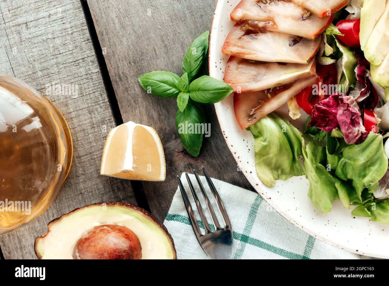 Healthy eating concept flat lay. Mediterranean diet, plate with lettuce ...