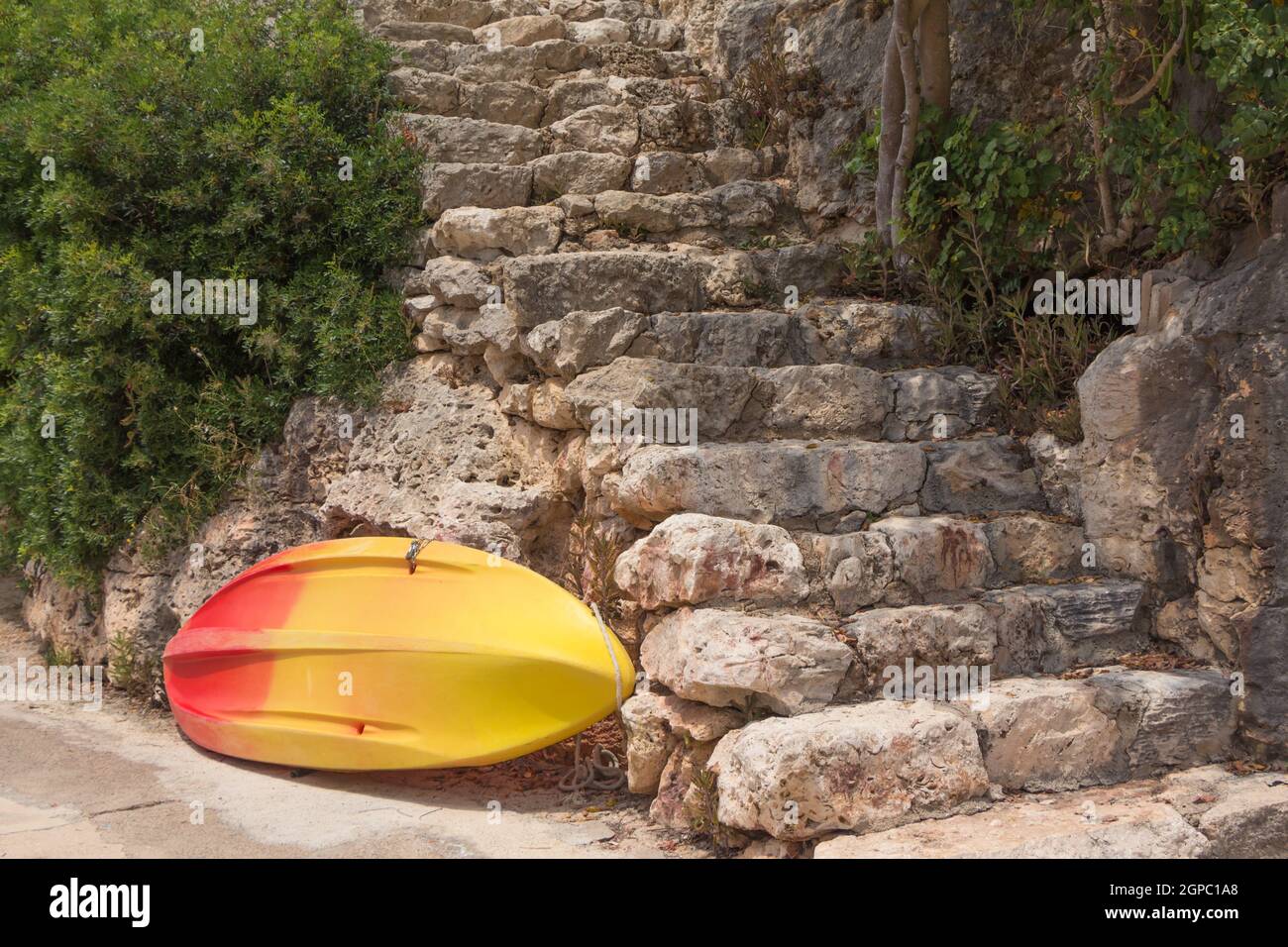 Tropical journey scene with antique stone stairs. Sport equipment for ...