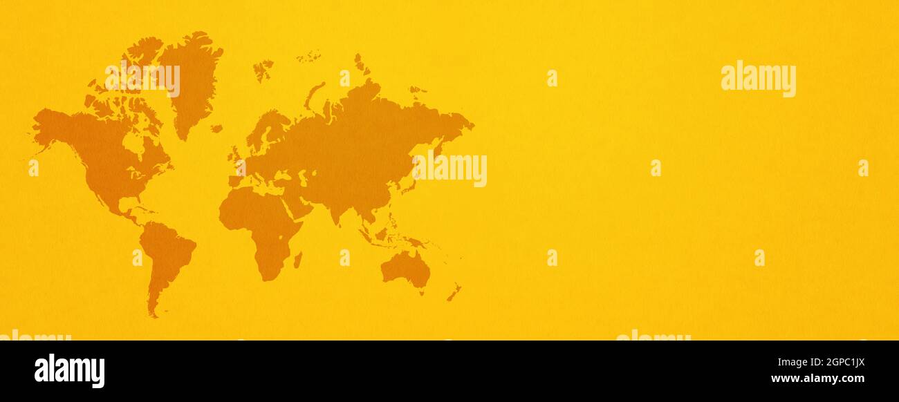 World map isolated on yellow wall background. Horizontal banner Stock ...