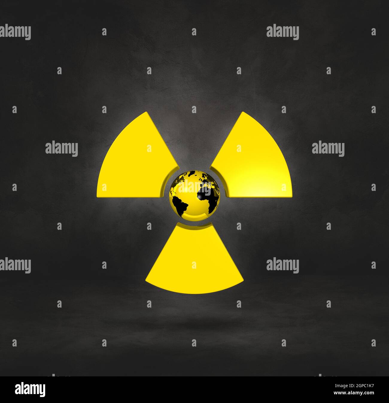 World map on Radioactive symbol. Black studio background. 3D ...