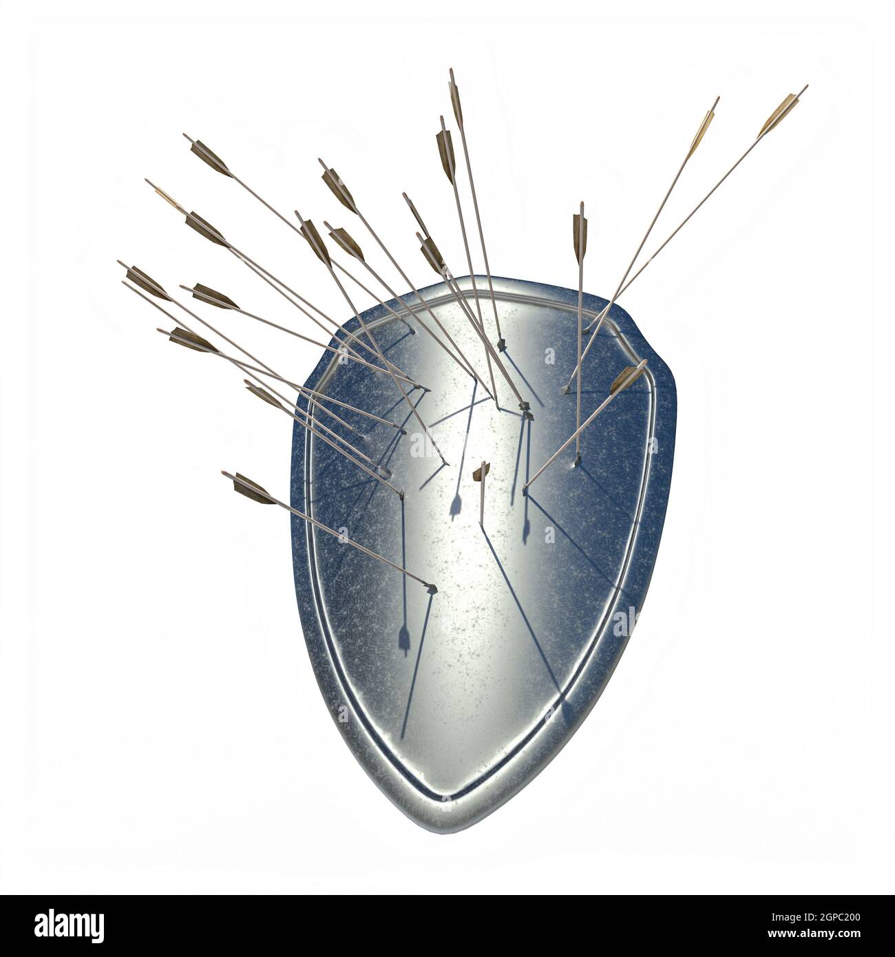 metal shield with stuck arrows. isolated on white. 3d render Stock ...