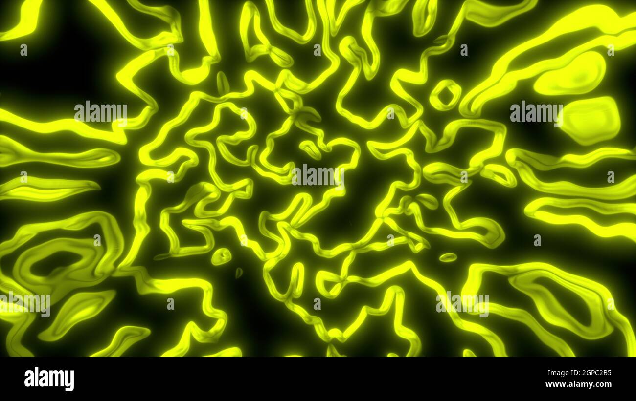 Wavy lines of worms bend in curved 3D render space. Mixed luminous ...