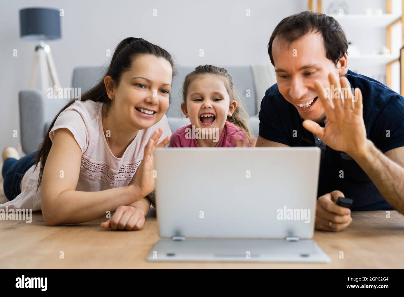 Family Video Chat Talking On Tablet Screen Online Stock Photo - Alamy